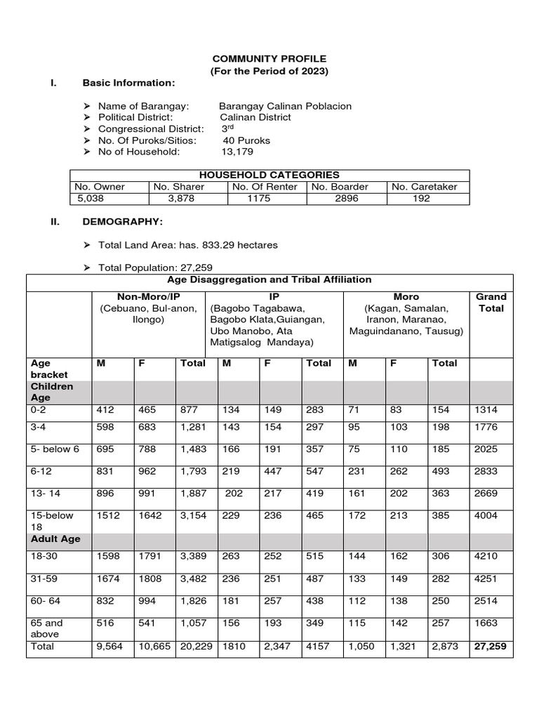 Community Profile Calinan Pob | PDF