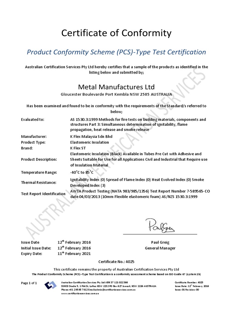 MM Kembla ST Insulation AS1530.3 Certificate of Conformity 4025 2016 ...