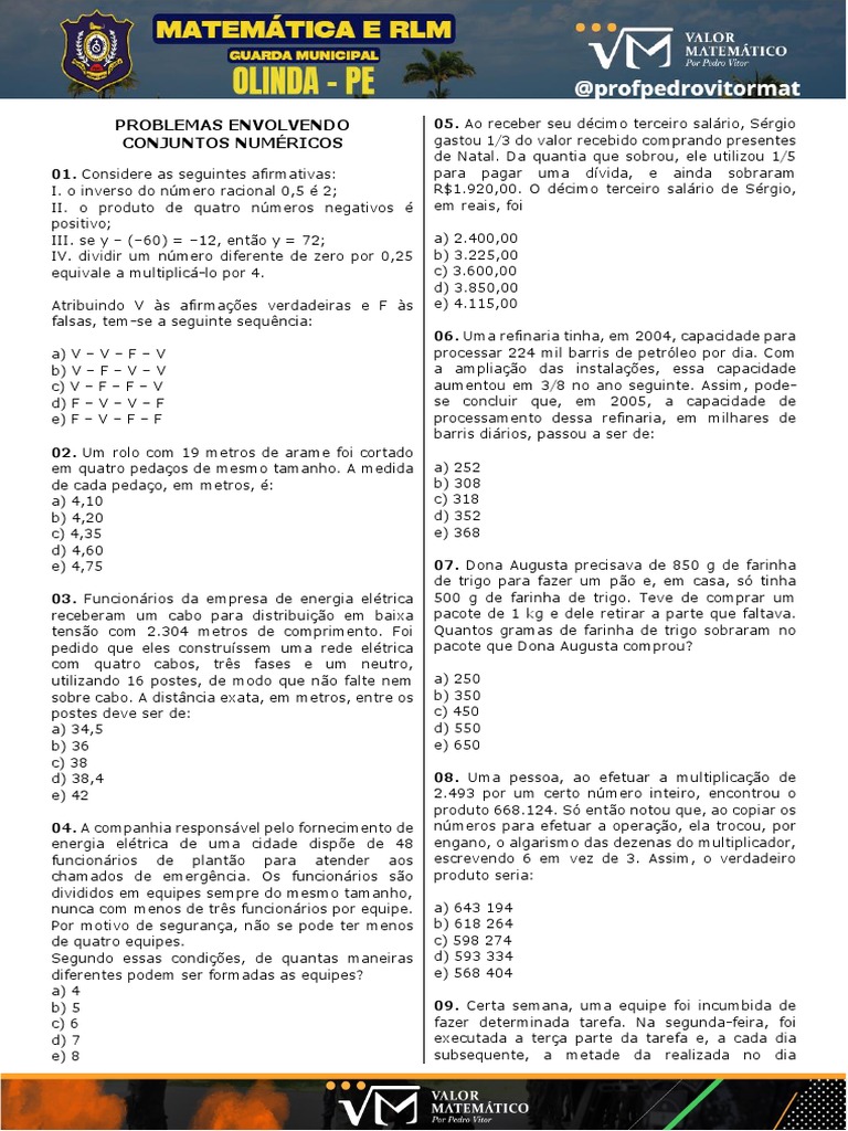 Problemas de Conjuntos Numéricos e Respostas | PDF | Aritmética