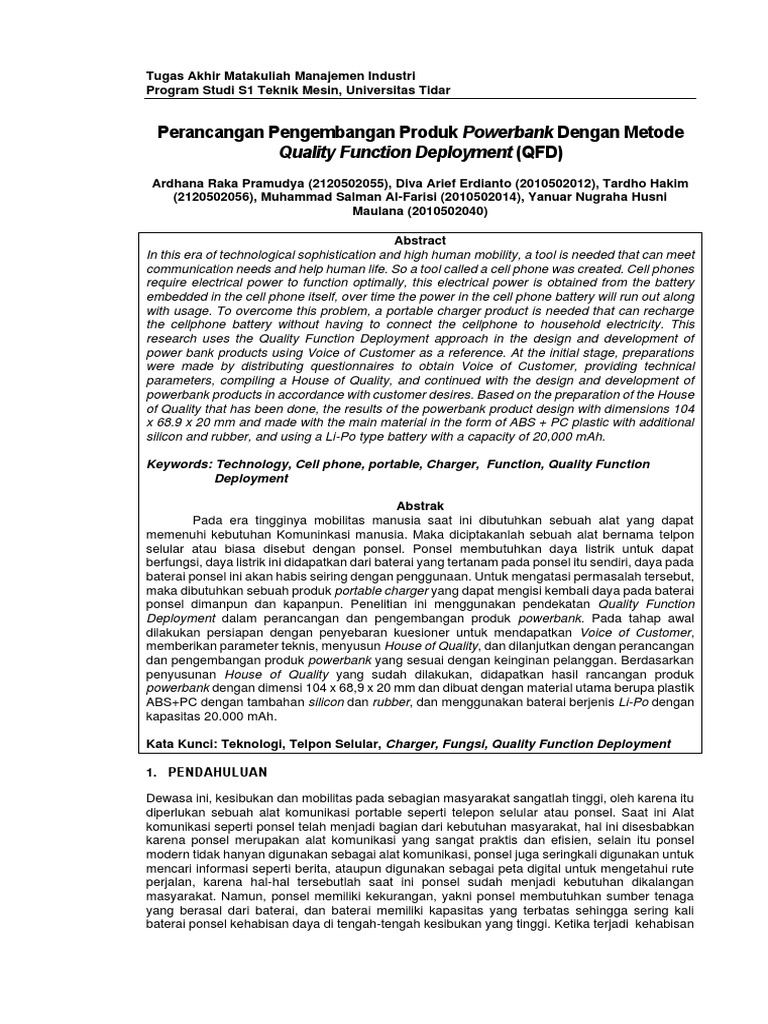 Perancangan Pengembangan Produk Powerbank Dengan Metode Quality Function Deployment (QFD) (1 ...
