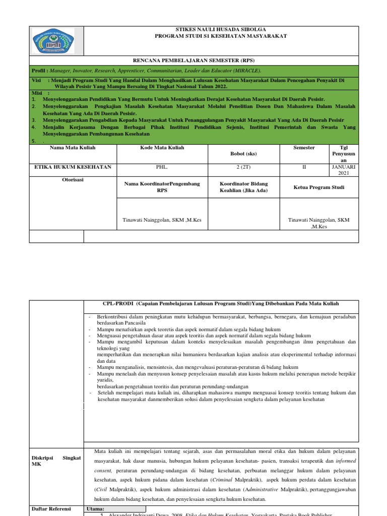 Sem Ii RPS MK Etika Hukum Kesehatan | PDF