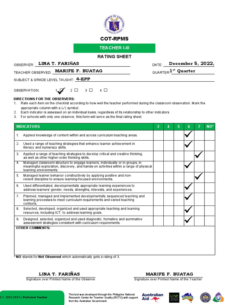 COT1 RPMS Rating Sheet MAM BUATAG | PDF | Learning | Teachers