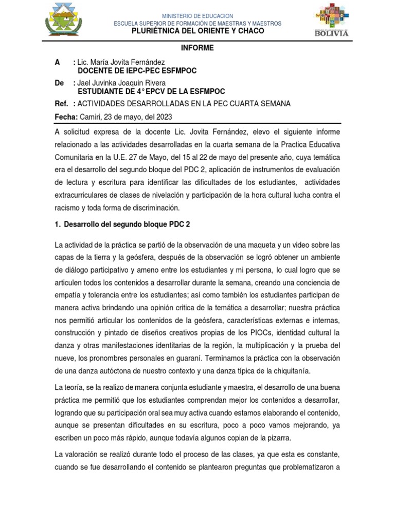 4°semana - INFORME PEC - Jael Juvinka Joaquin Rivera | PDF | Evaluación | Comunicación humana
