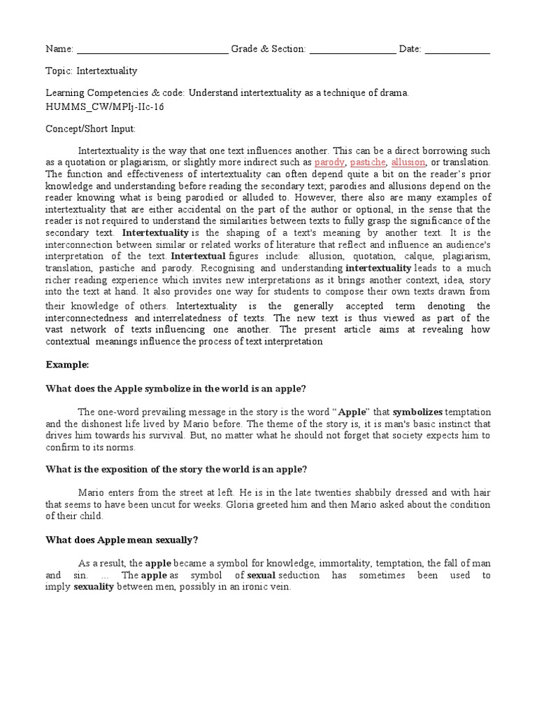 Worksheet 16 | PDF | Intertextuality
