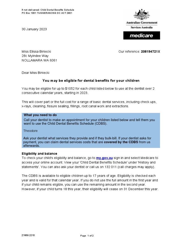 Child Dental Benefits Schedule Notification of Eligibility | PDF ...