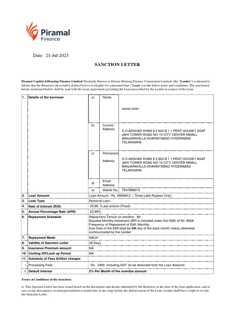 Piramal SANCTION LETTER02023 07 25 09 11 5858 | PDF | Loans | Insurance