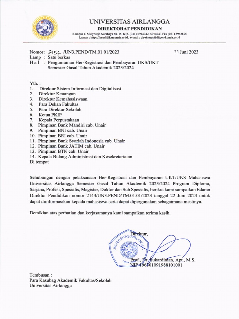 2156 Pengumuman Her-Registrasi Dan Pembayaran UKS - UKT Gasal 2023 - 2024 | PDF