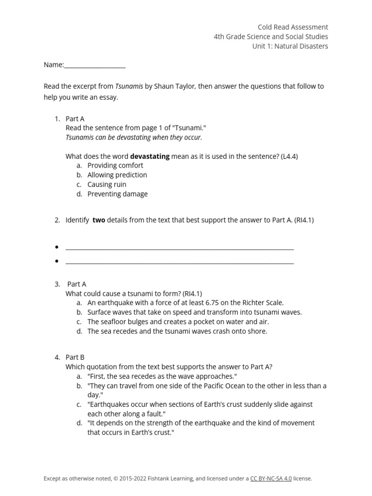 4th Grade Tsunami Assessment Guide | PDF | Tsunami | Earthquakes