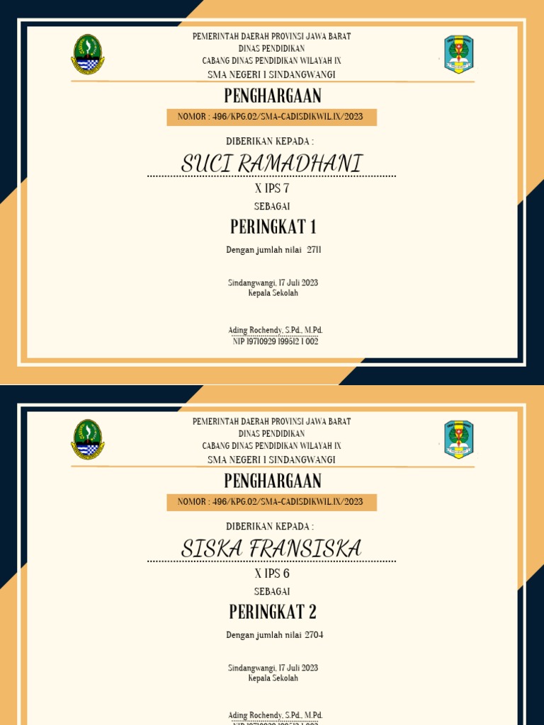 Piagam Penghargaan Peringkat Kelas | PDF