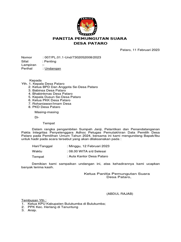 Undangan Pelantikan Petugas Pemilih 2024 | PDF
