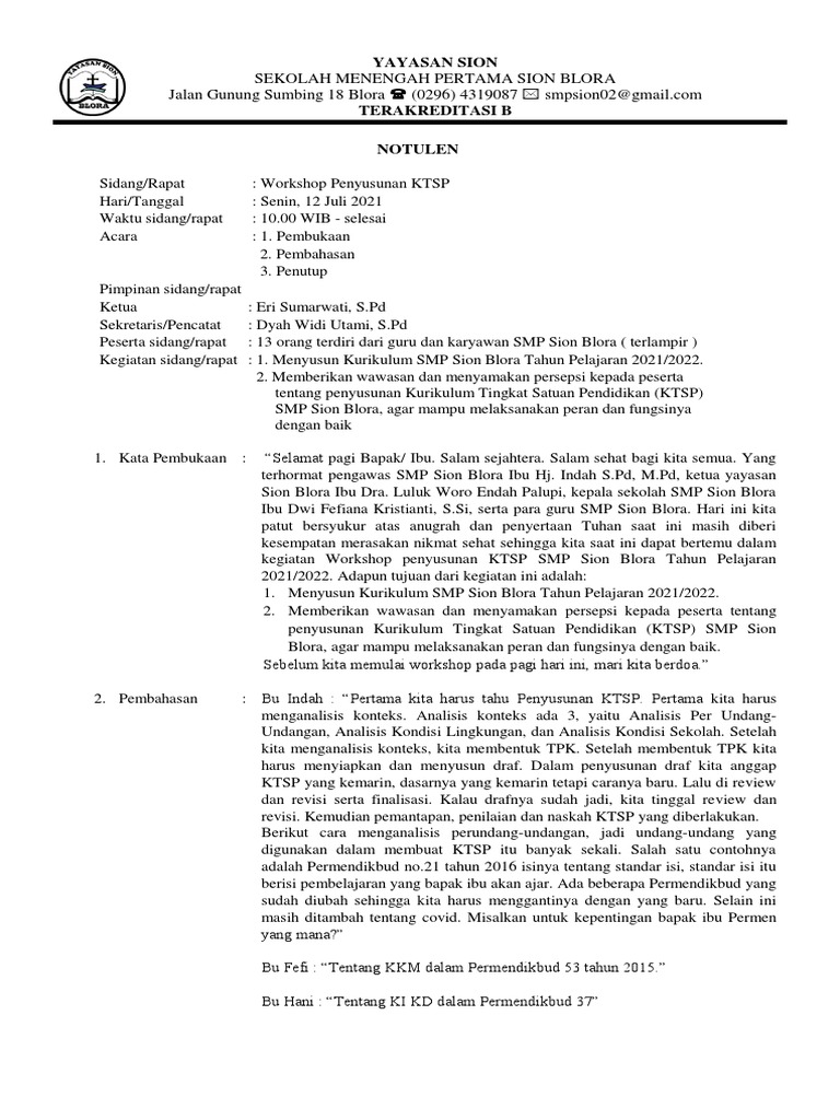 Notulen Workshop Penyusunan KTSP 12 Juli 2021 | PDF | Karier & Perkembangan