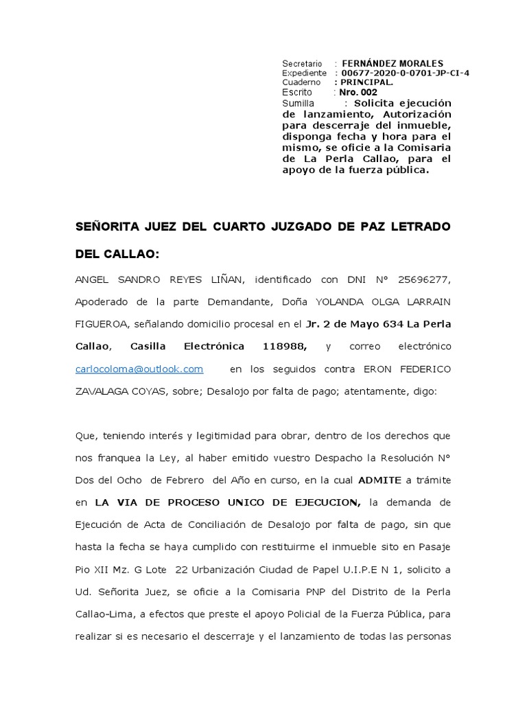 Escrito de Lanzamiento | PDF | Demanda judicial | Judicaturas