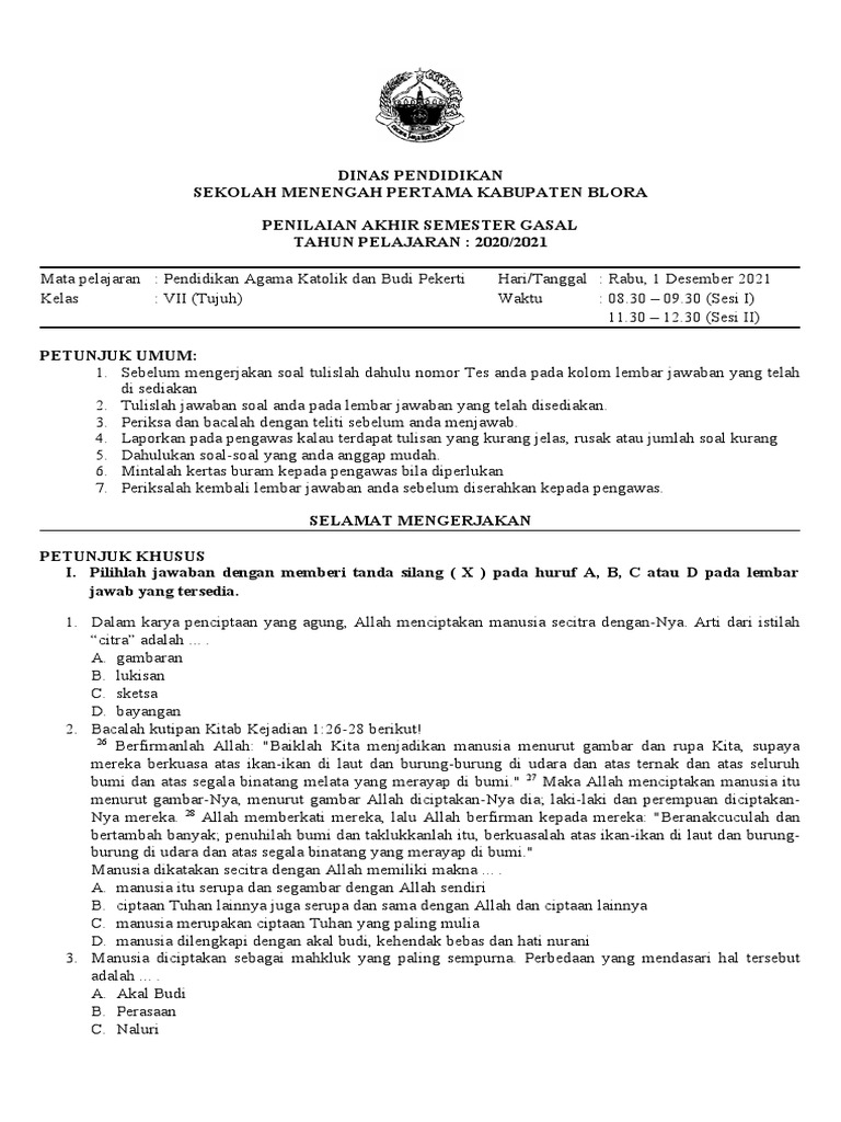Soal Pas Agama Katolik Vii 2021-22 | PDF