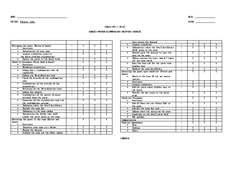 PROVIDE ACCOMMODATION RECEPTION SERVICE-RUBRICS | PDF