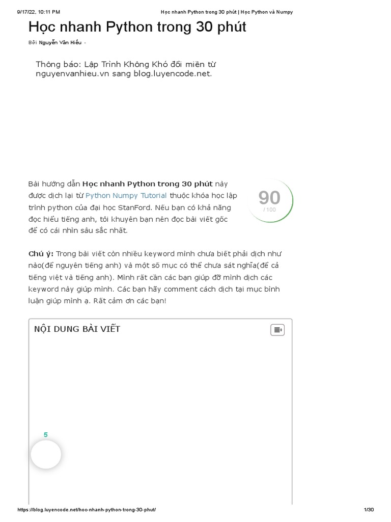 Học Nhanh Python Trong 30 Phút - Học Python Và Numpy | PDF