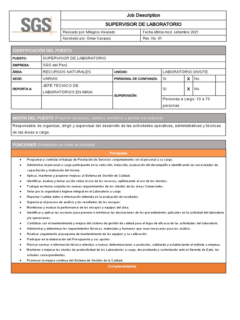 Lab Mina Supervisor de Laboratorio | PDF | Laboratorios | Calidad (comercial)