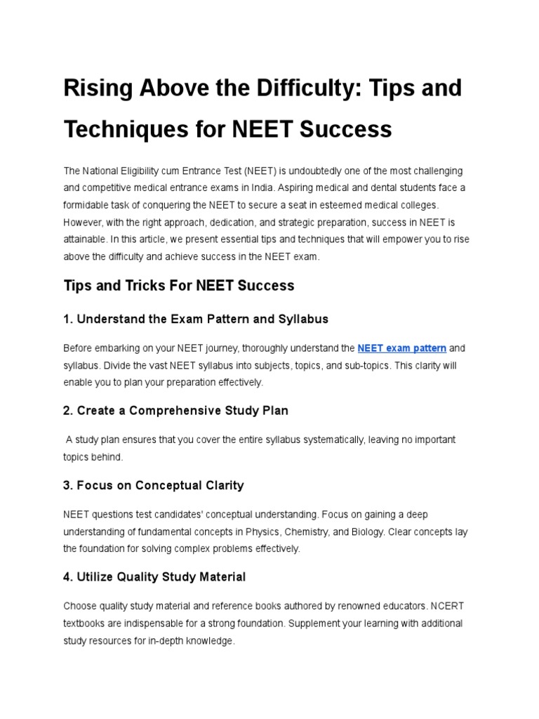 Rising Above The Difficulty - Tips and Techniques For NEET Success ...