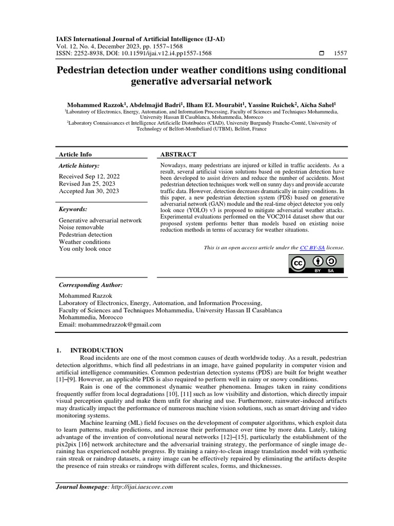 Pedestrian Detection Under Weather Conditions Using Conditional Generative Adversarial Network
