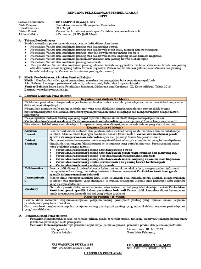 RPP 1 Lembar Pjok Kelas 9 - Bola Voli 2023 | PDF