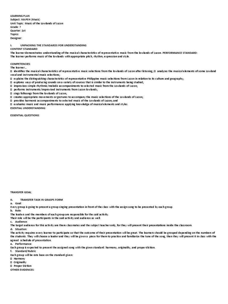 Learning Plan Mapeh 7 1st Quarter | PDF | Learning | Dances
