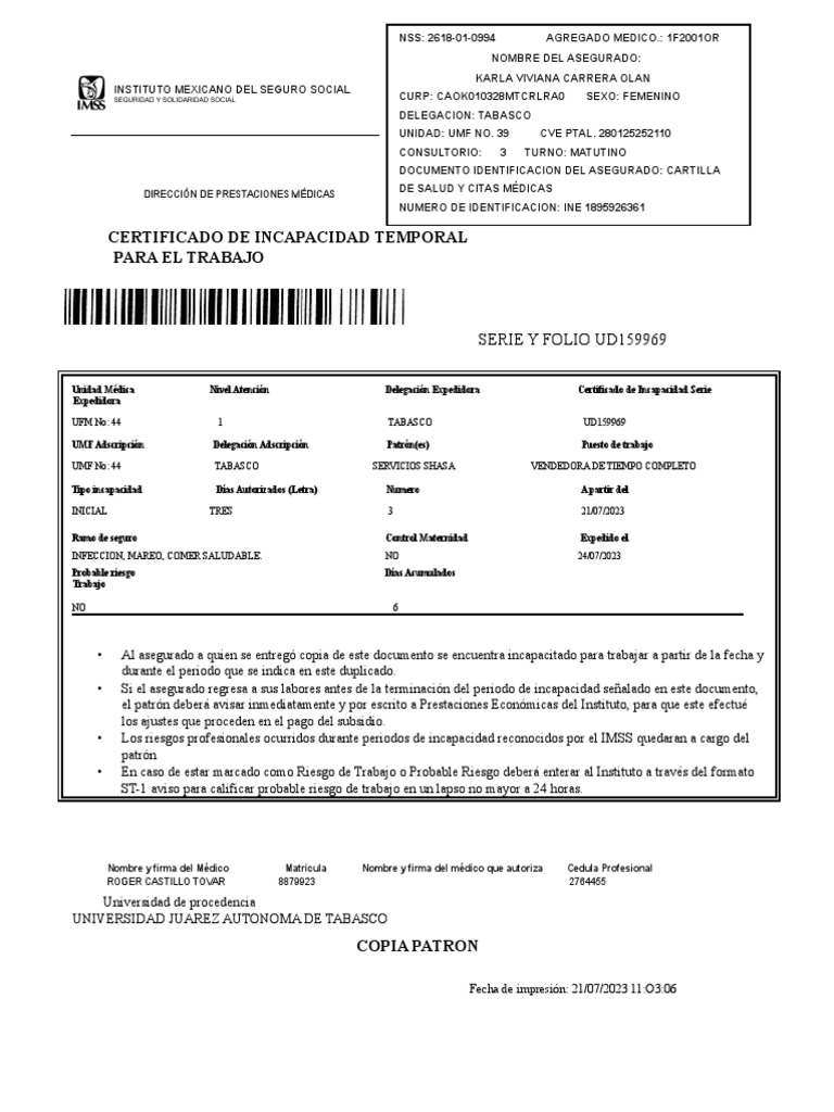 Certificado De Incapacidad Temporal Para El Trabajo Serie Y Folio