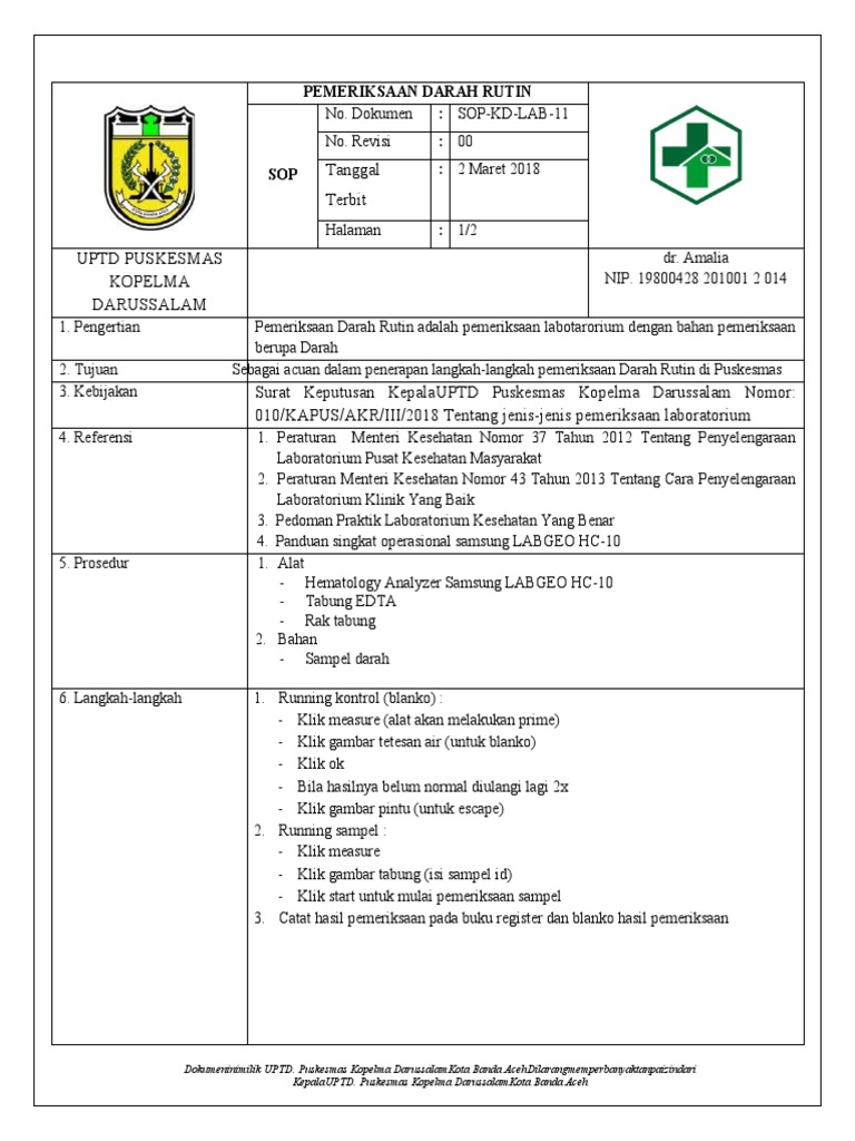 Sop Pemeriksaan Darah Rutin | PDF