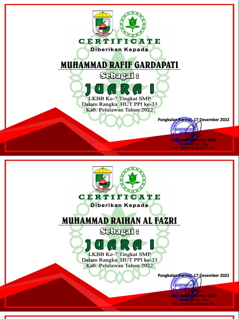 Sertifikat Nama Juara 1 SMP | PDF
