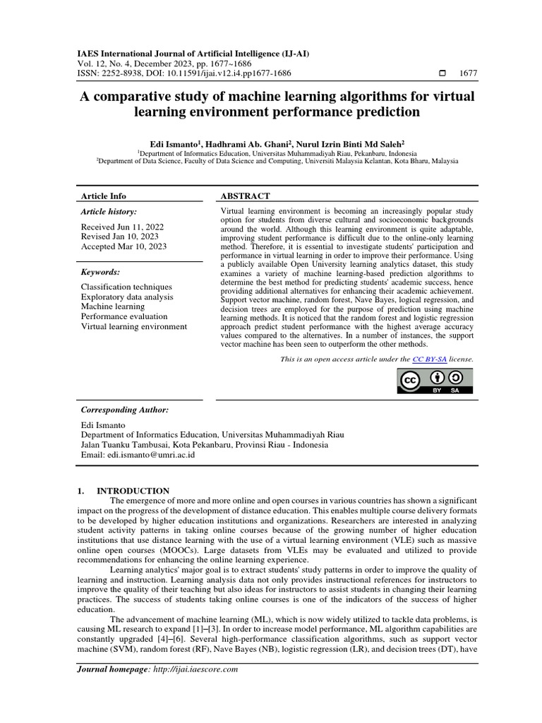 A Comparative Study of Machine Learning Algorithms For Virtual Learning ... A Comparative Study of Machine Learning Algorithms For Virtual Learning ...