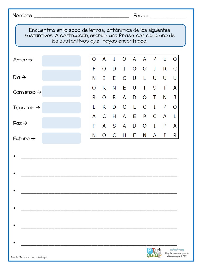 Sopa de Letras Sustantivos Antonimos | PDF