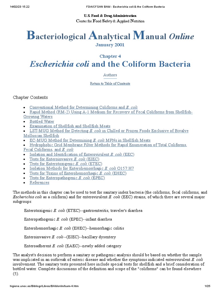FDA - CFSAN BAM - Escherichia Coli & The Coliform Bacteria | PDF ...