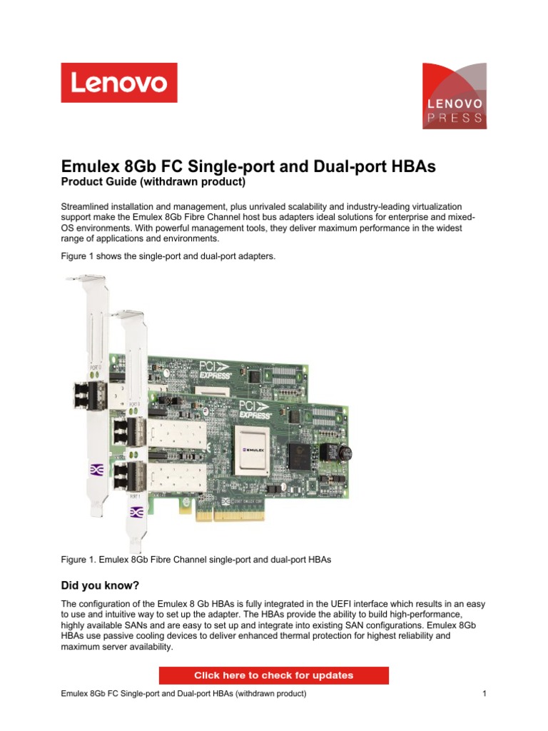 Emulex 8Gb FC Single-Port and Dual-Port HBAs Product Guide | PDF | V Mware | Microsoft Windows