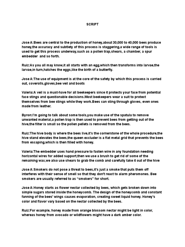 Script For Bee Documentary | PDF | Honey | Beekeeping