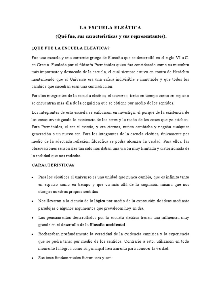 La Escuela Eleática (Que Fue, Sus Caracteristicas y Sus Representantes ...