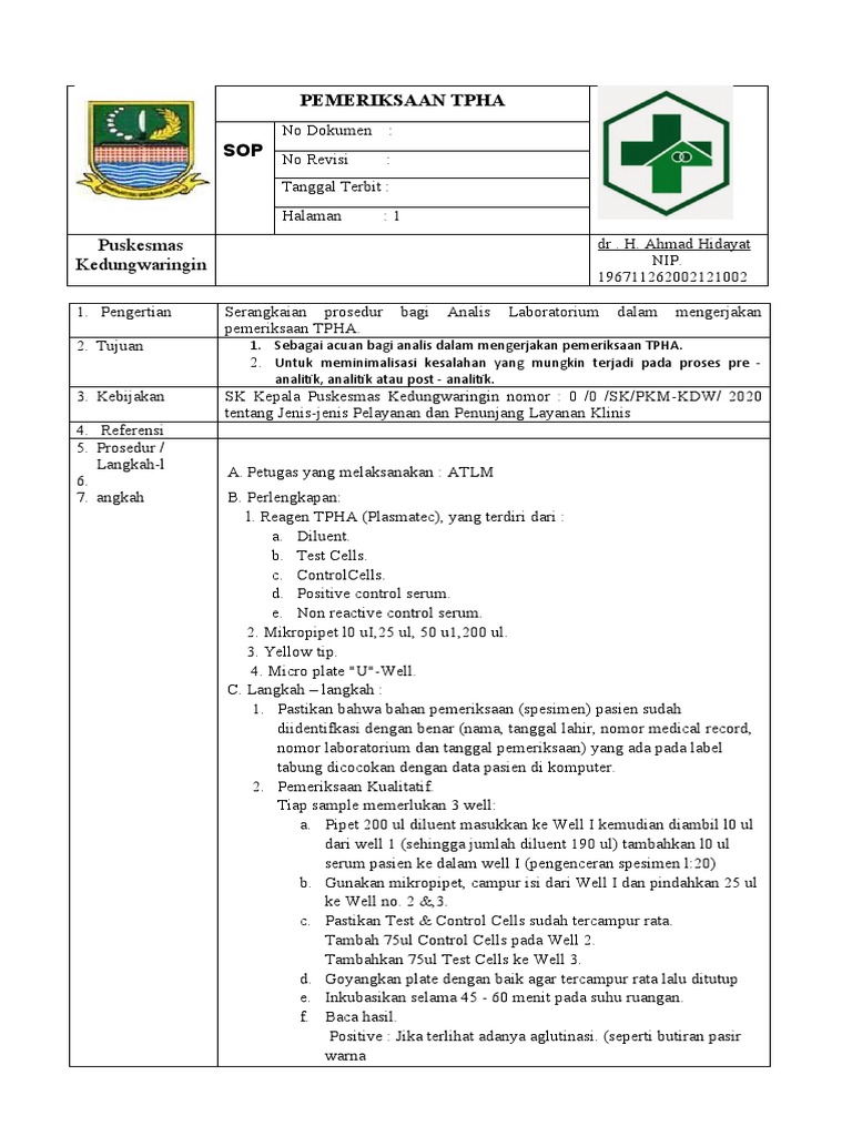 Sop Pemeriksaan Tpha | PDF