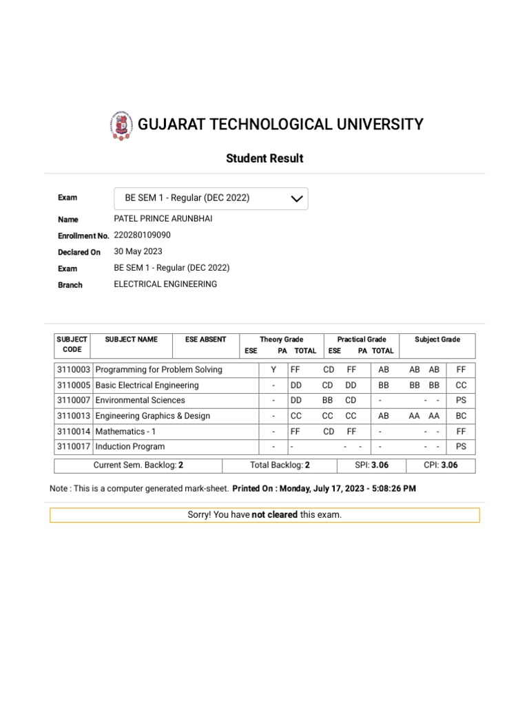 Result 1st Sem Gtu Pdf 