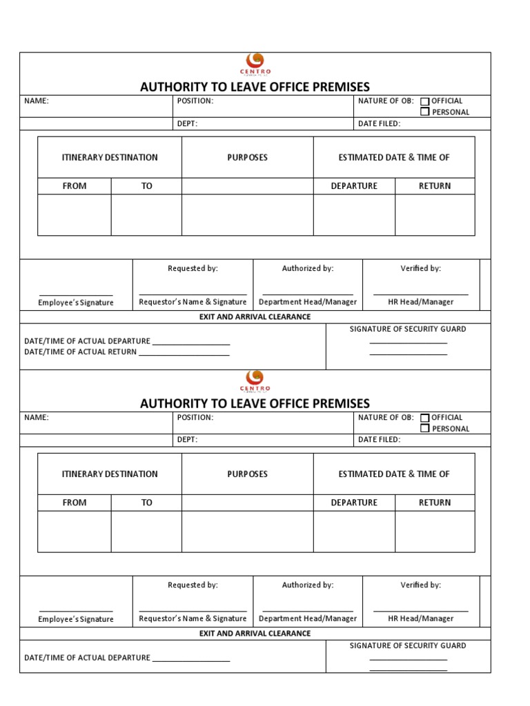 FORM - Authority To Leave Office Premises | PDF | Finance & Money Management