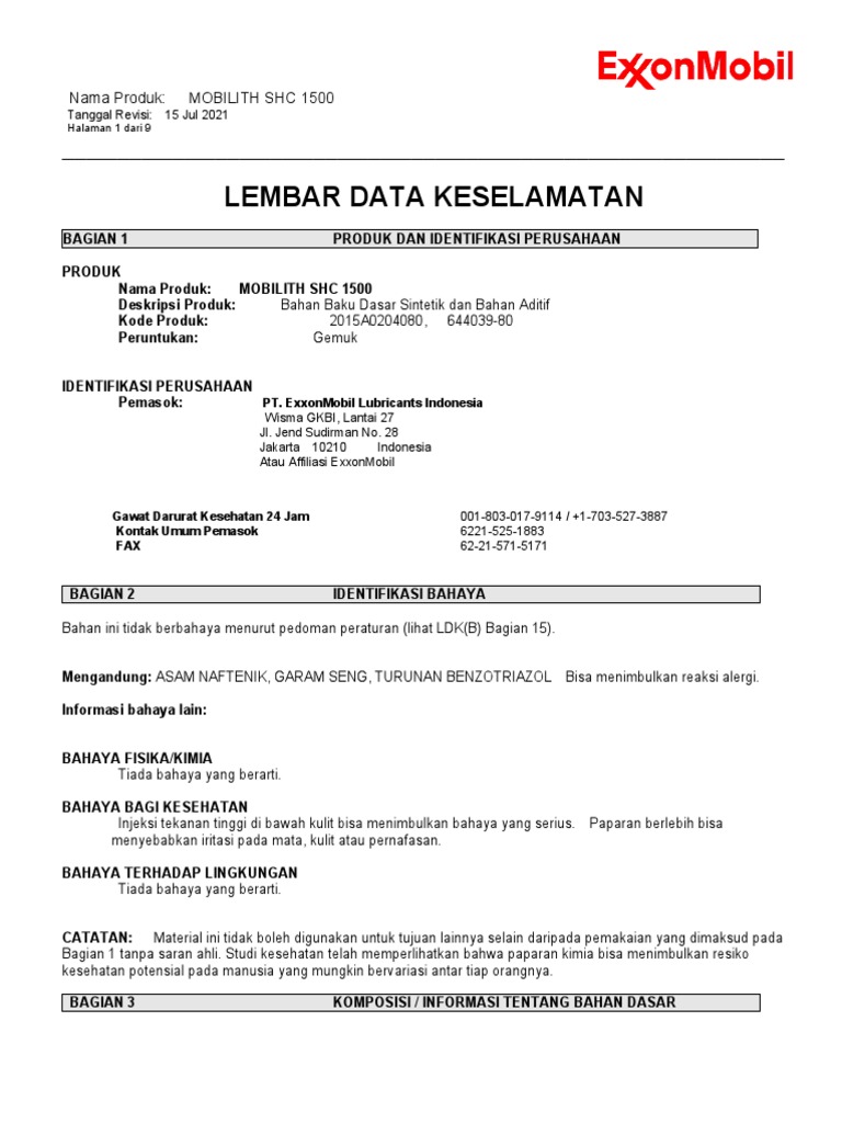 MSDS - Mobilith SHC 1500 | PDF