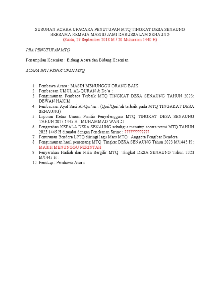 Susunan Acara Upacara Penutupan MTQ Tingkat Desa Senaung | PDF Susunan Acara Upacara Penutupan MTQ Tingkat Desa Senaung | PDF