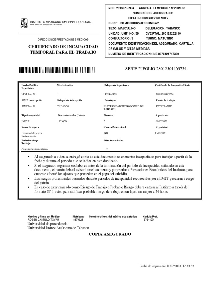 Certificado de Incapacidad Temporal IMSS | PDF