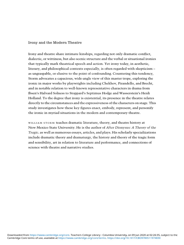 Irony and The Modern Theatre (William Storm) | PDF | Irony | Theatre