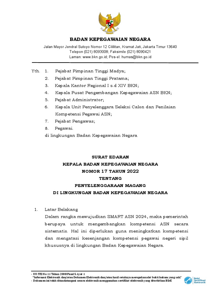 Surat Edaran Kepala BKN Nomor 17 Tahun 2022 Tentang Penyelenggaraan ...