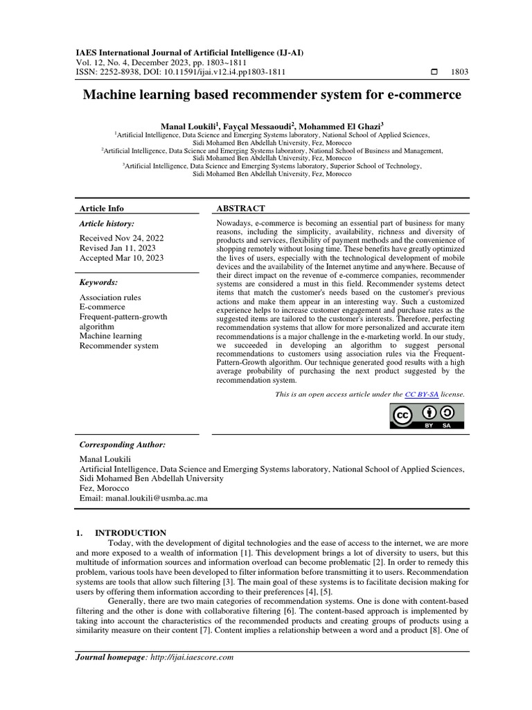 Machine Learning Based Recommender System For E Commerce Pdf