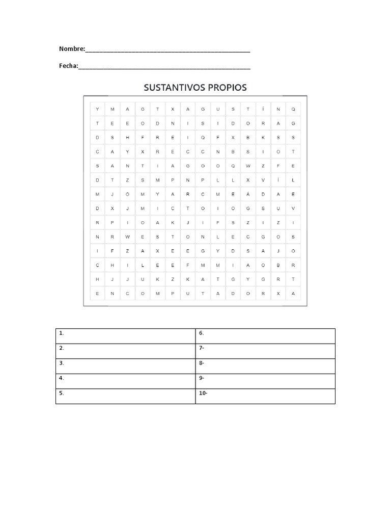 Sopa de Letras Sustantivos Propios 1 | PDF