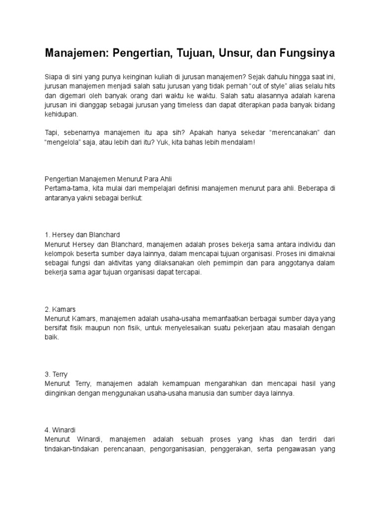 Manajemen - Pengertian, Tujuan, Unsur, Dan Fungsinya | PDF | Karier & Perkembangan | Bisnis