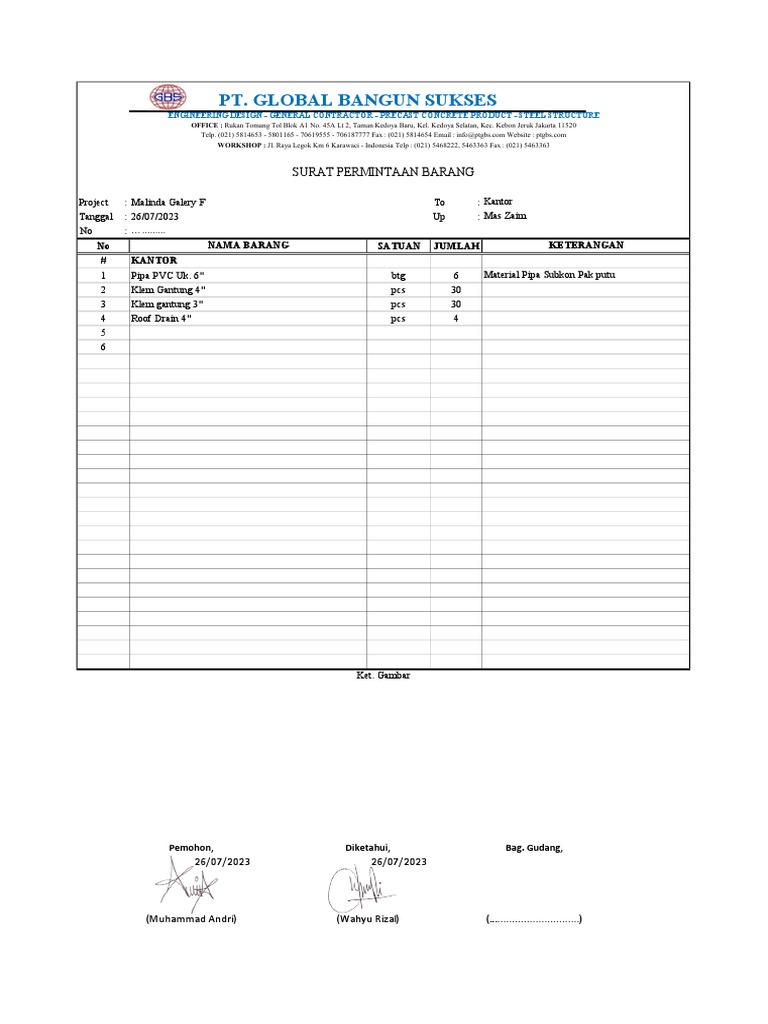 Permintaan Material Project Malinda 26 Juli 2023 Subkon | PDF