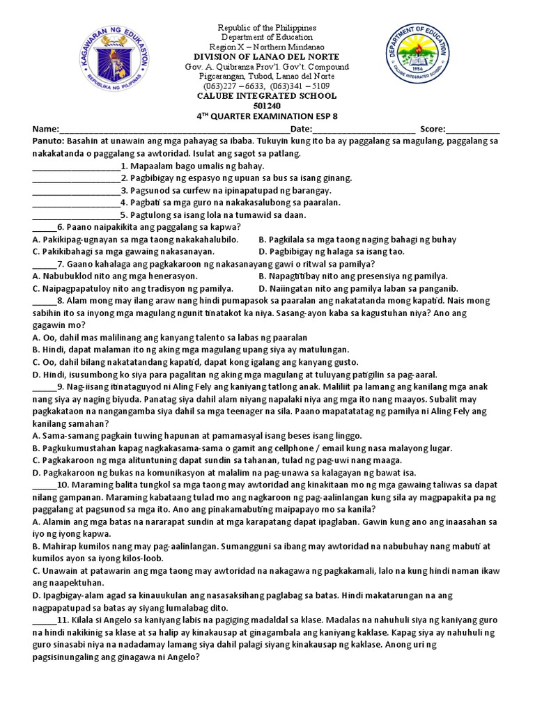 4TH Quarter Examination Esp 8 | PDF