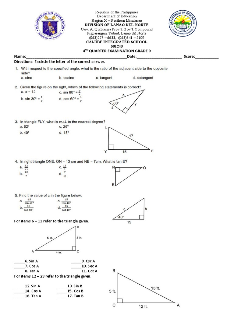4th Quarter Examination Grade 9 | PDF | Trigonometric Functions | Angle