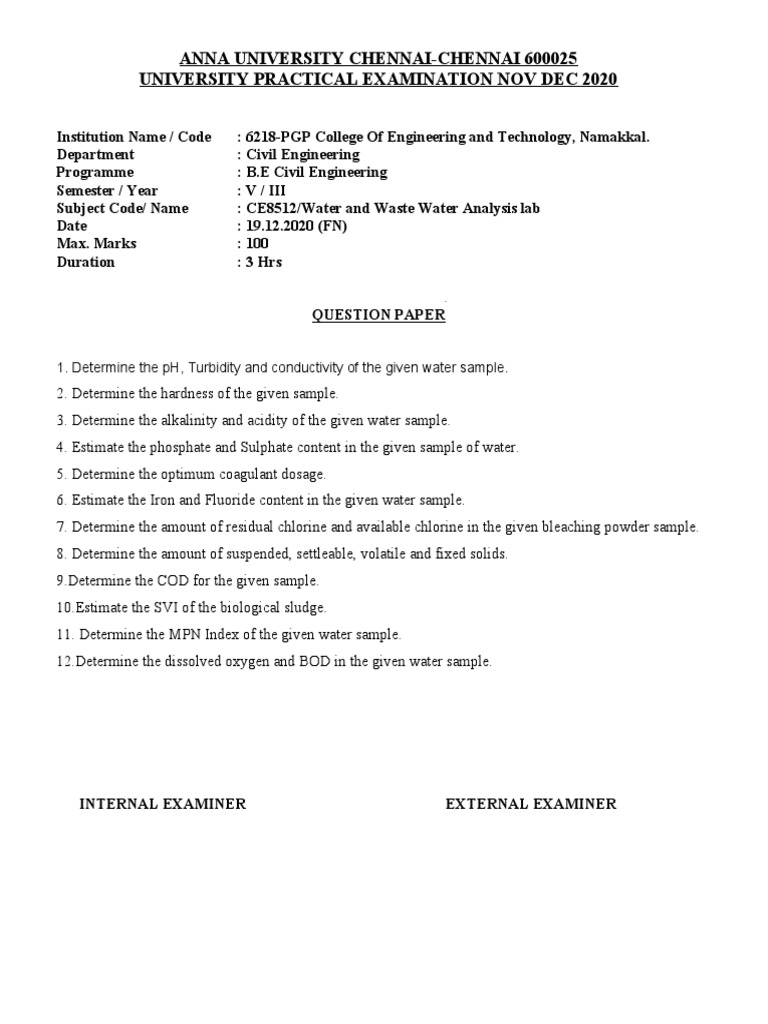 Water and Waste Water Analysis Lab Question Paper | PDF