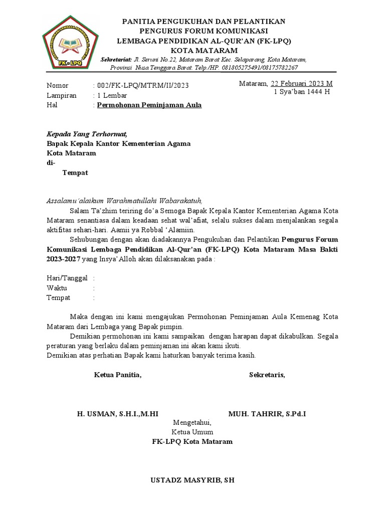 Surat Peminjaman Aula | PDF