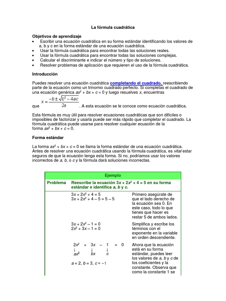 La Fórmula Cuadrática | PDF | Ecuación cuadrática | Ecuaciones